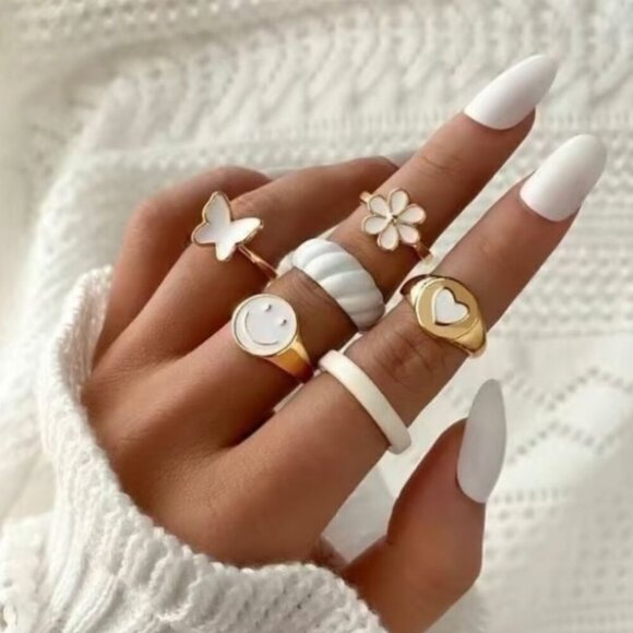 Jewelry | Set Of 6 Rings White And Gold Butterfly Simple White Band ...